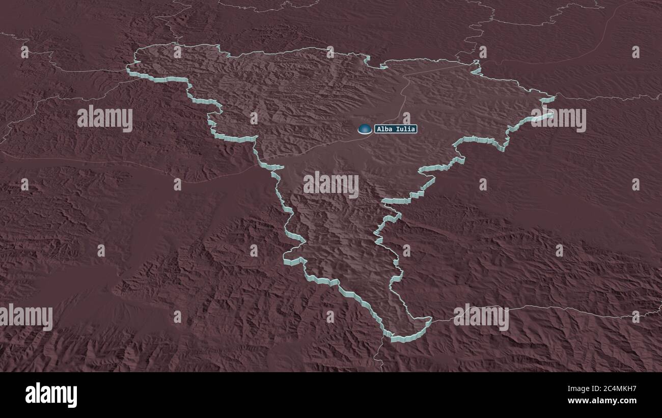 Zoom in on Alba (county of Romania) extruded. Oblique perspective ...