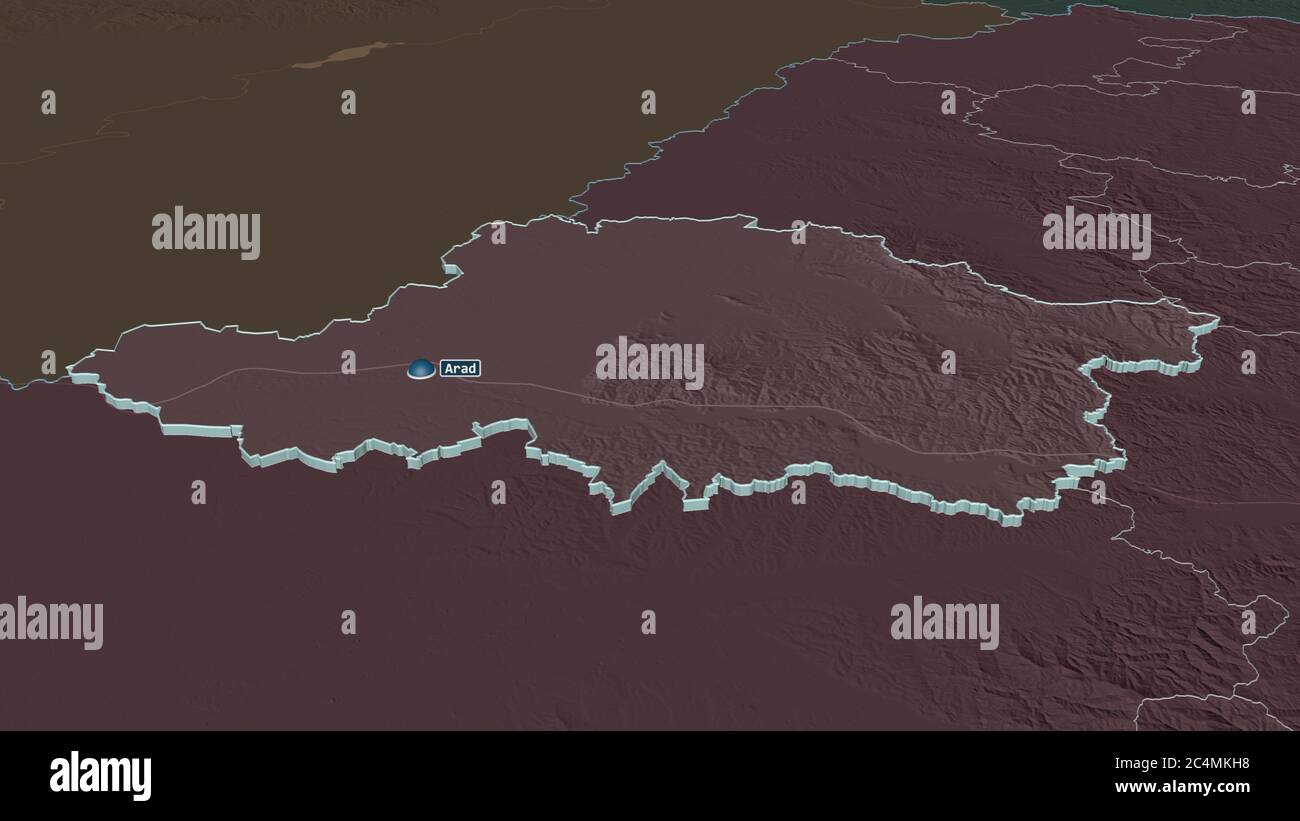 Zoom in on Arad (county of Romania) extruded. Oblique perspective ...