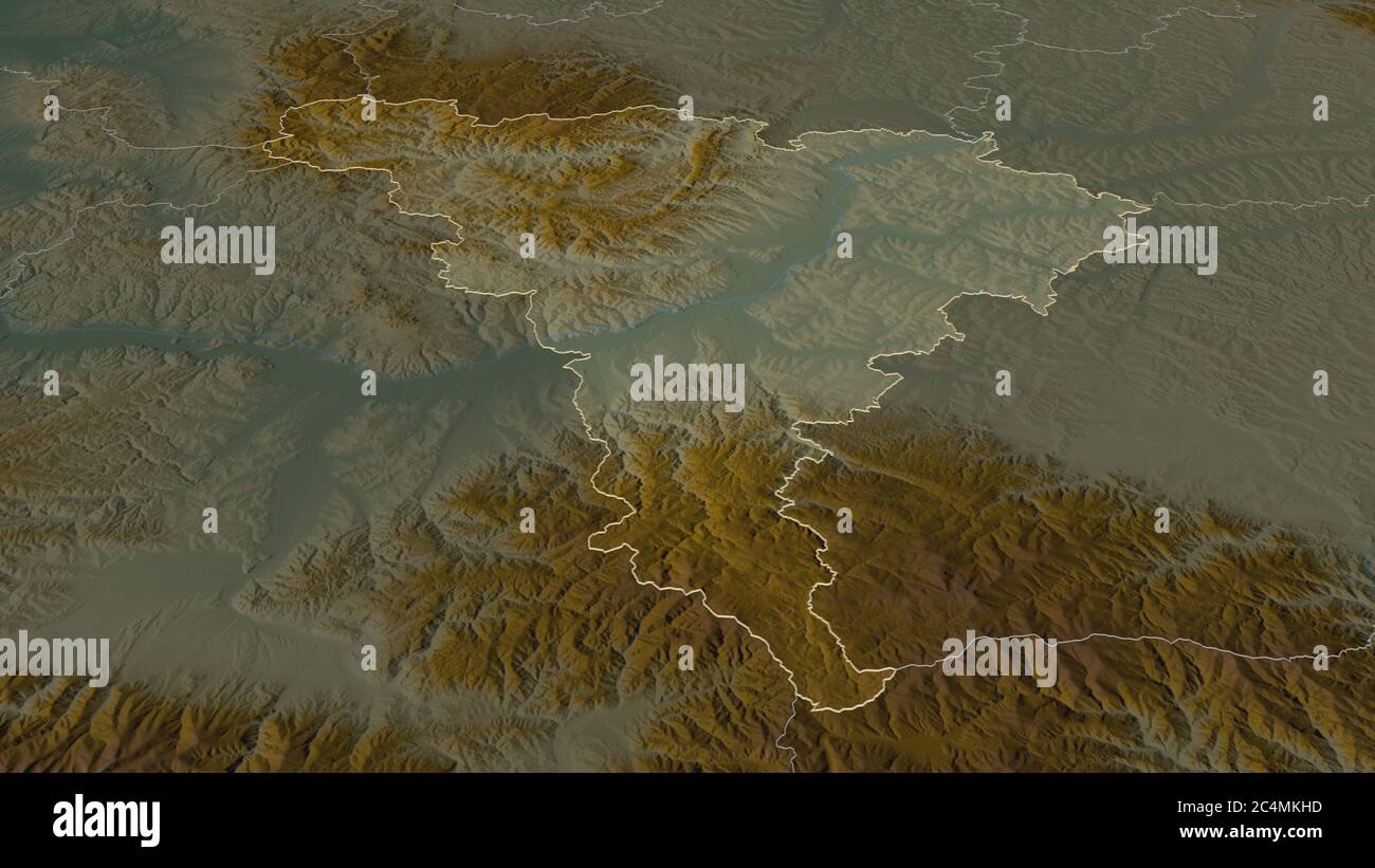 Zoom in on Alba (county of Romania) outlined. Oblique perspective ...