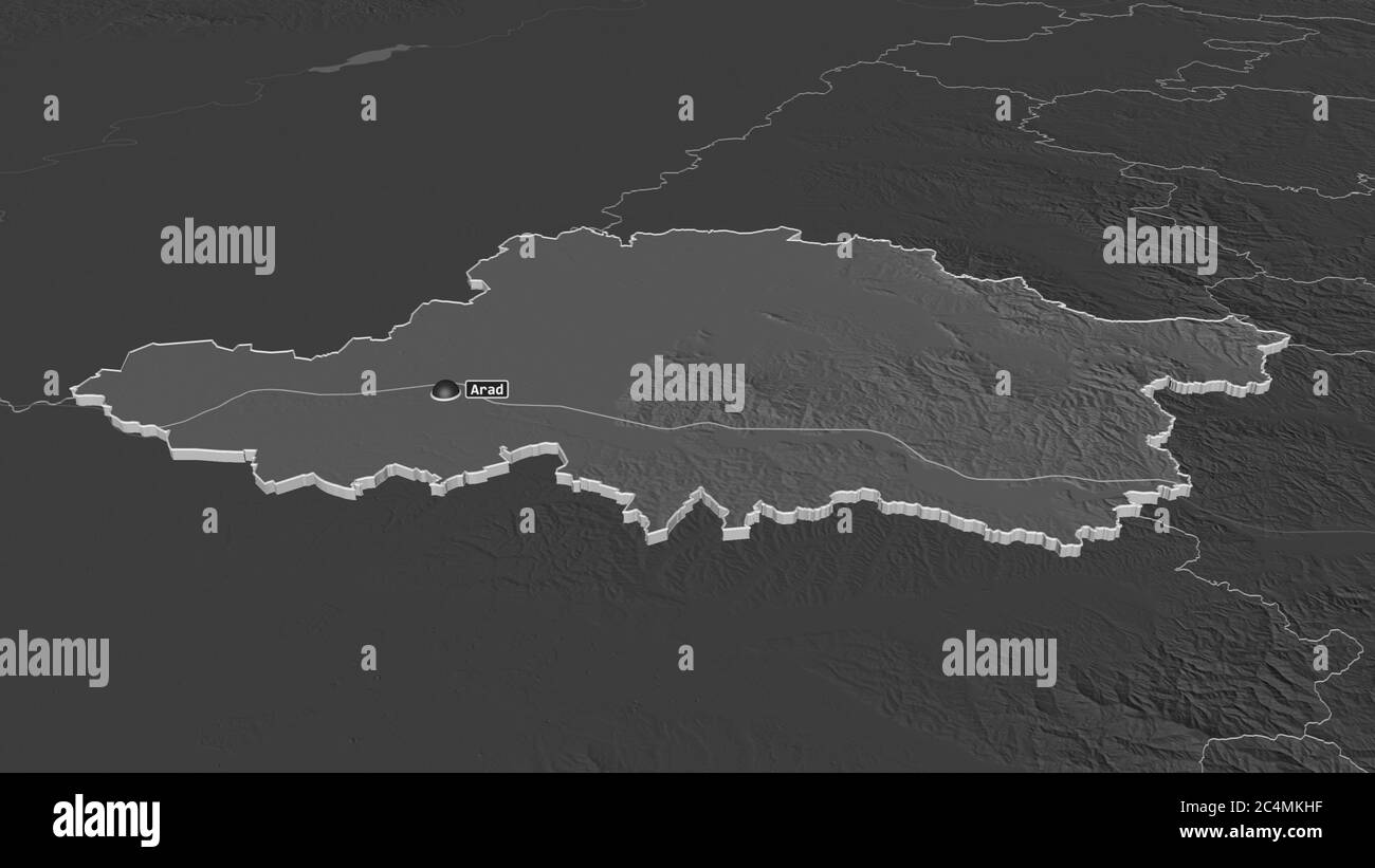 Zoom in on Arad (county of Romania) extruded. Oblique perspective ...