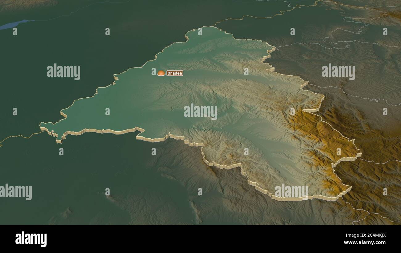 Zoom in on Bihor (county of Romania) extruded. Oblique perspective ...