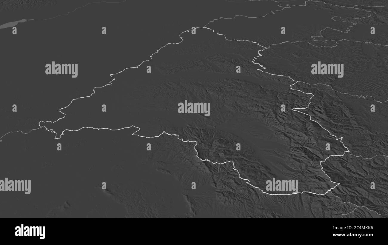 Zoom in on Bihor (county of Romania) outlined. Oblique perspective ...