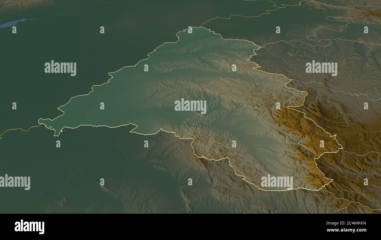 Zoom in on Bihor (county of Romania) outlined. Oblique perspective ...