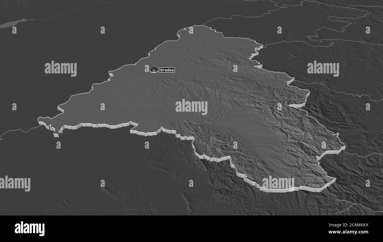 Zoom in on Bihor (county of Romania) extruded. Oblique perspective ...
