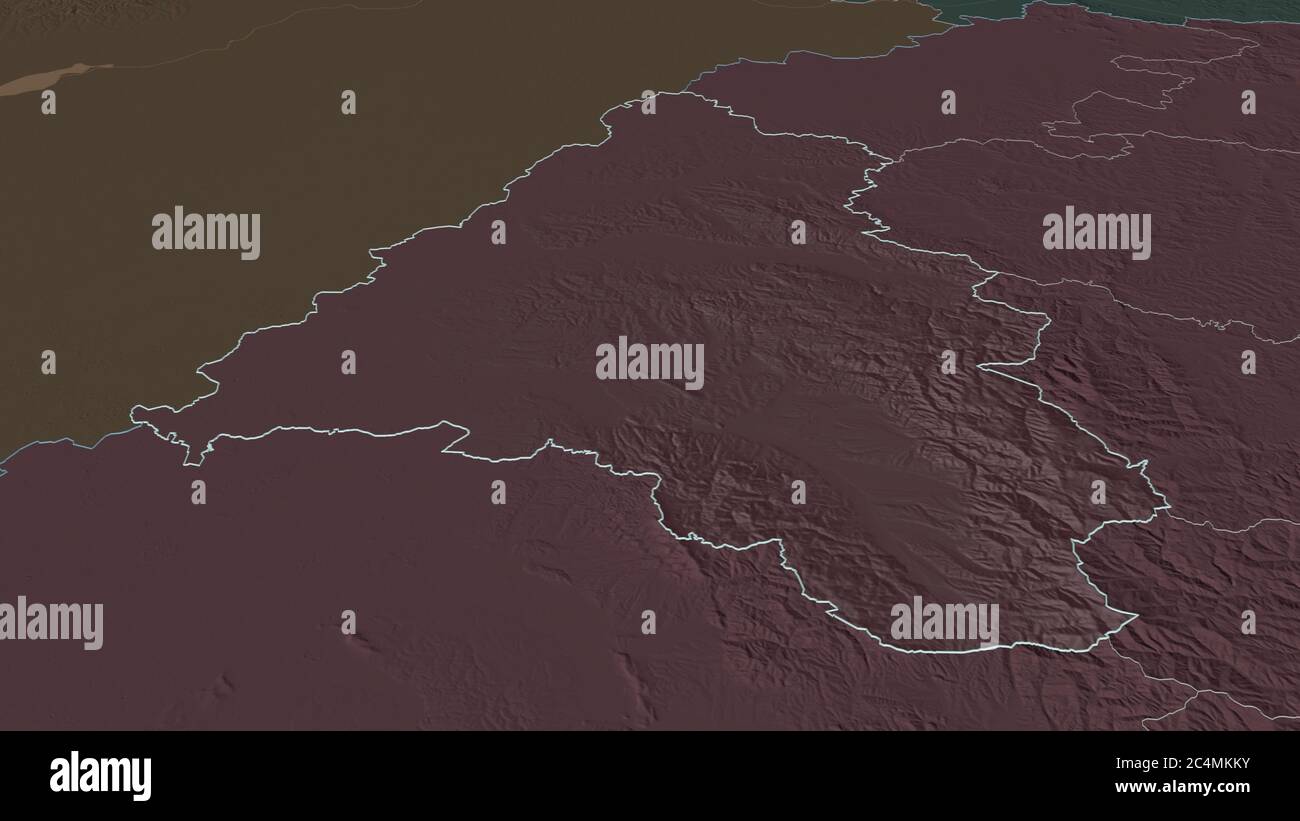 Zoom in on Bihor (county of Romania) outlined. Oblique perspective ...