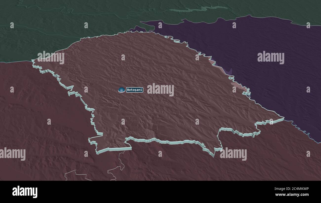 Zoom in on Botoșani (county of Romania) extruded. Oblique perspective ...
