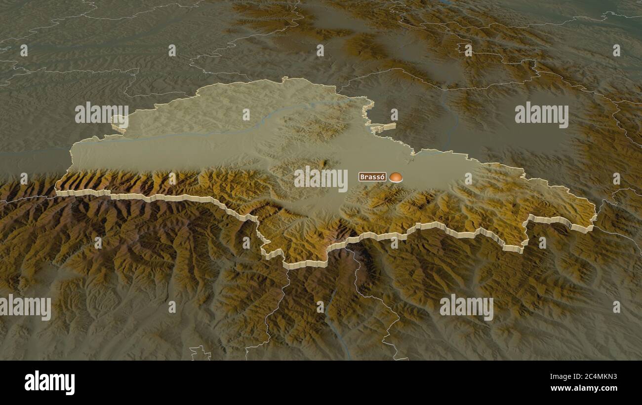 Zoom in on Brașov (county of Romania) extruded. Oblique perspective ...