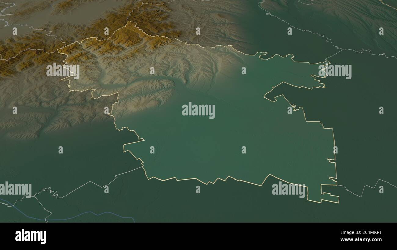 Zoom in on Buzău (county of Romania) outlined. Oblique perspective ...
