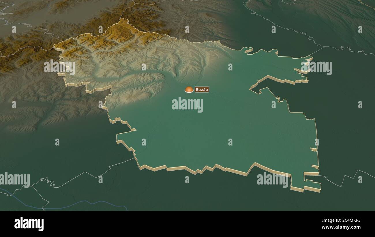 Zoom in on Buzău (county of Romania) extruded. Oblique perspective ...