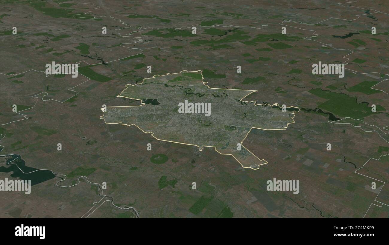 Zoom in on Bucharest (municipality of Romania) outlined. Oblique ...
