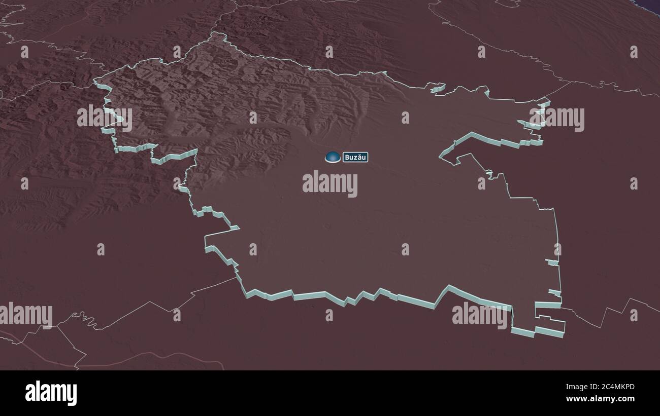 Zoom in on Buzău (county of Romania) extruded. Oblique perspective ...