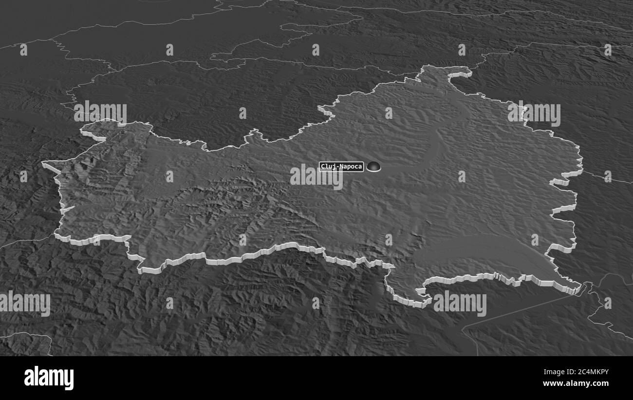 Zoom in on Cluj (county of Romania) extruded. Oblique perspective ...