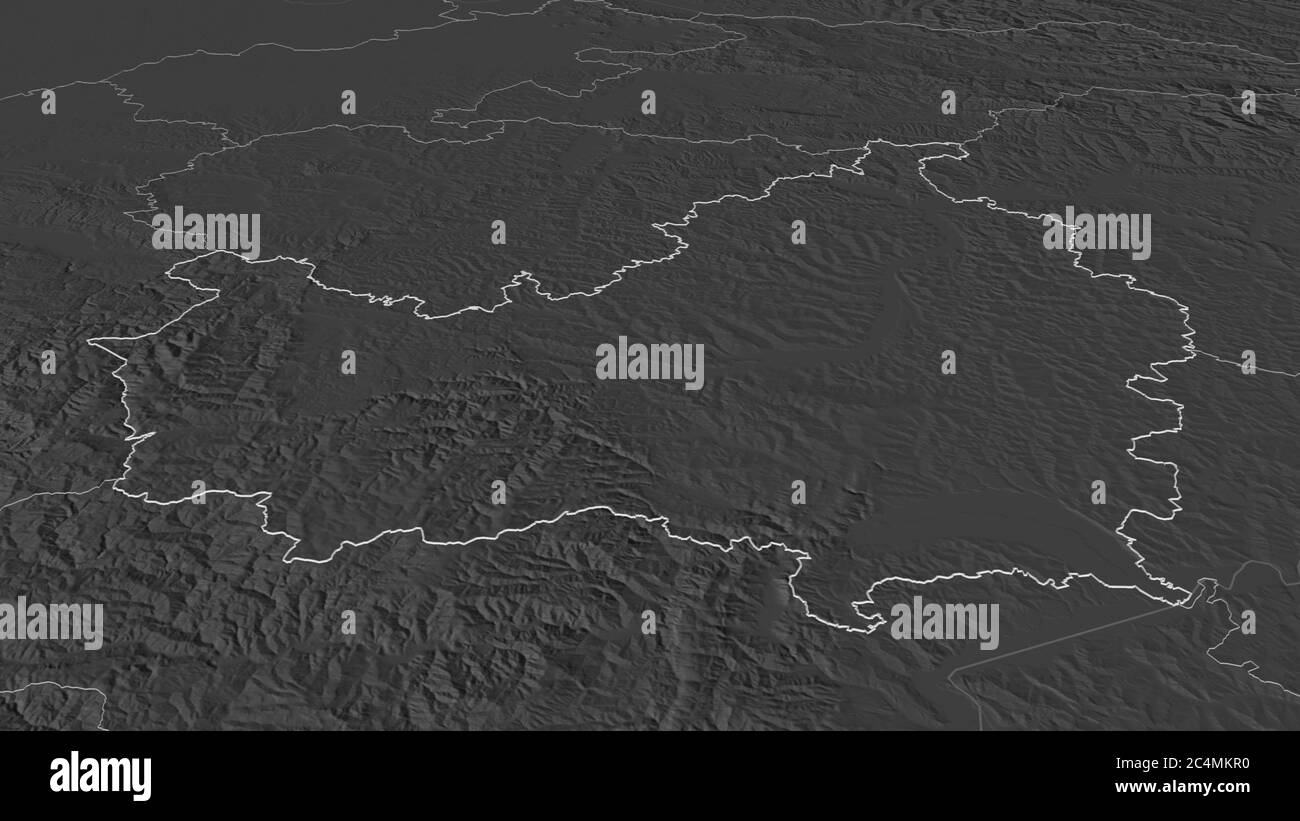 Zoom in on Cluj (county of Romania) outlined. Oblique perspective ...