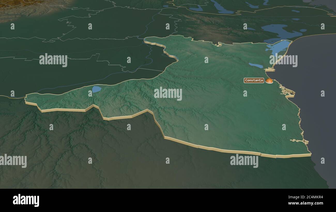 Zoom in on Constanța (county of Romania) extruded. Oblique perspective ...