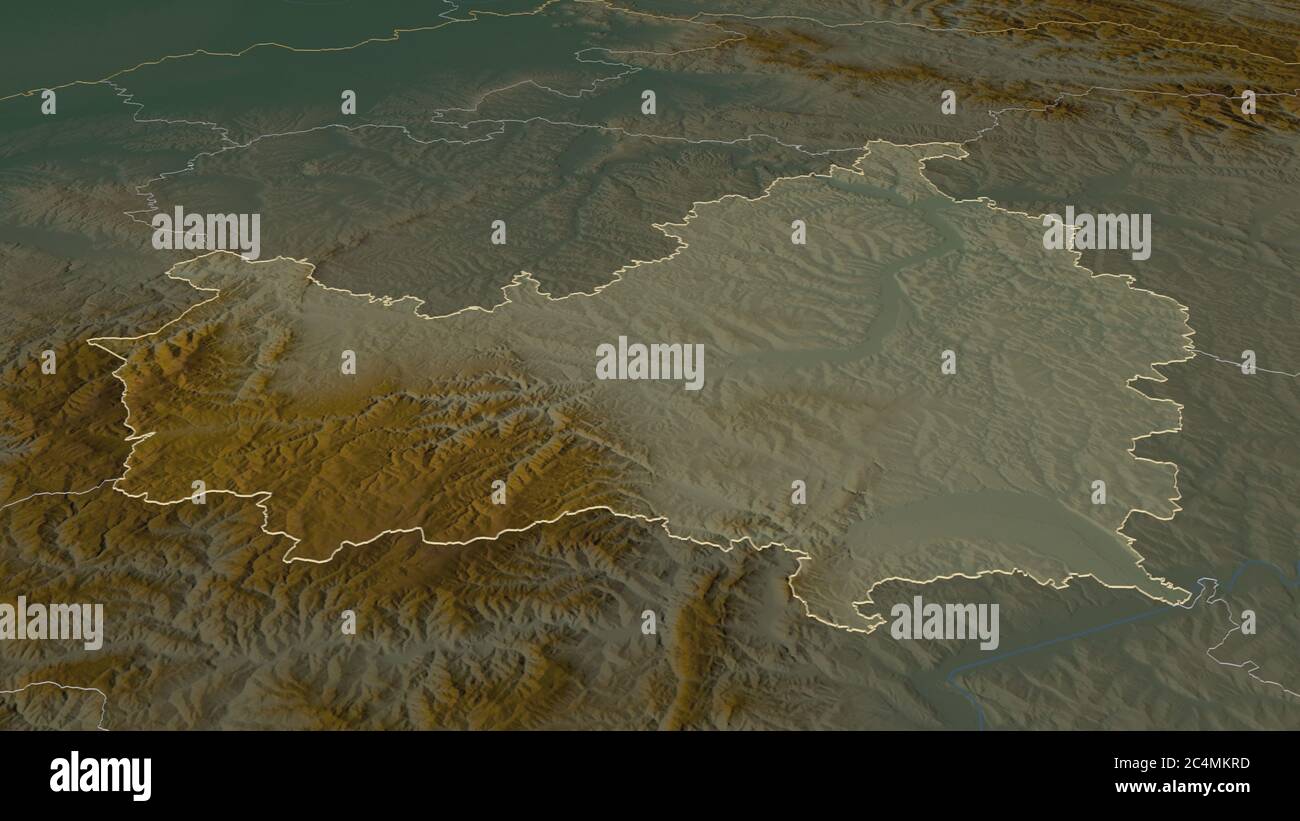 Zoom in on Cluj (county of Romania) outlined. Oblique perspective ...