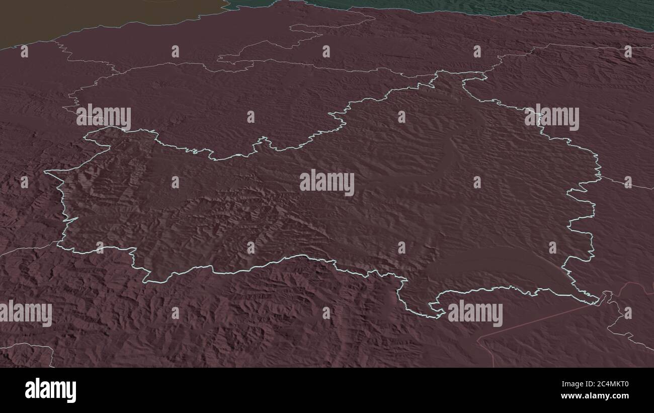 Zoom in on Cluj (county of Romania) outlined. Oblique perspective ...