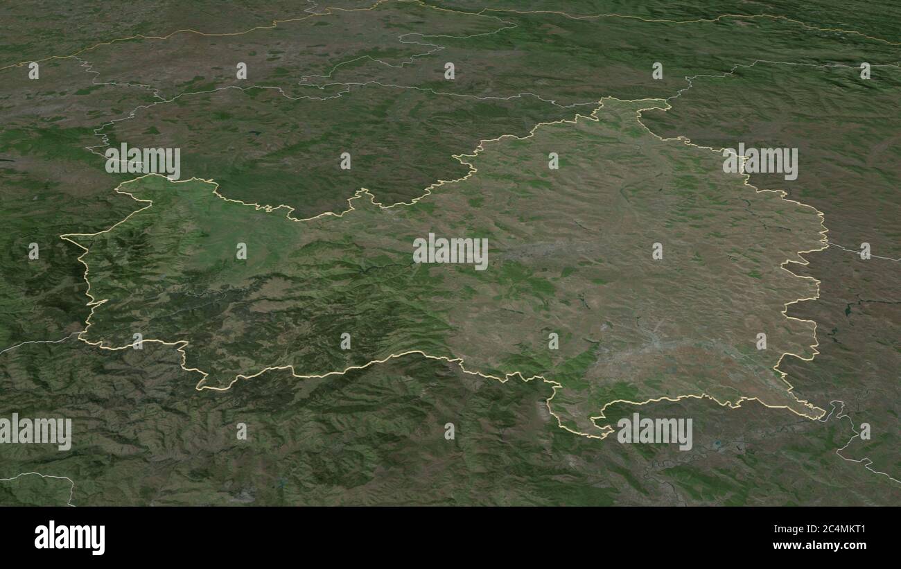 Zoom in on Cluj (county of Romania) outlined. Oblique perspective ...