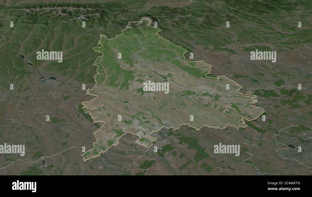 Zoom in on Dâmbovița (county of Romania) outlined. Oblique perspective ...