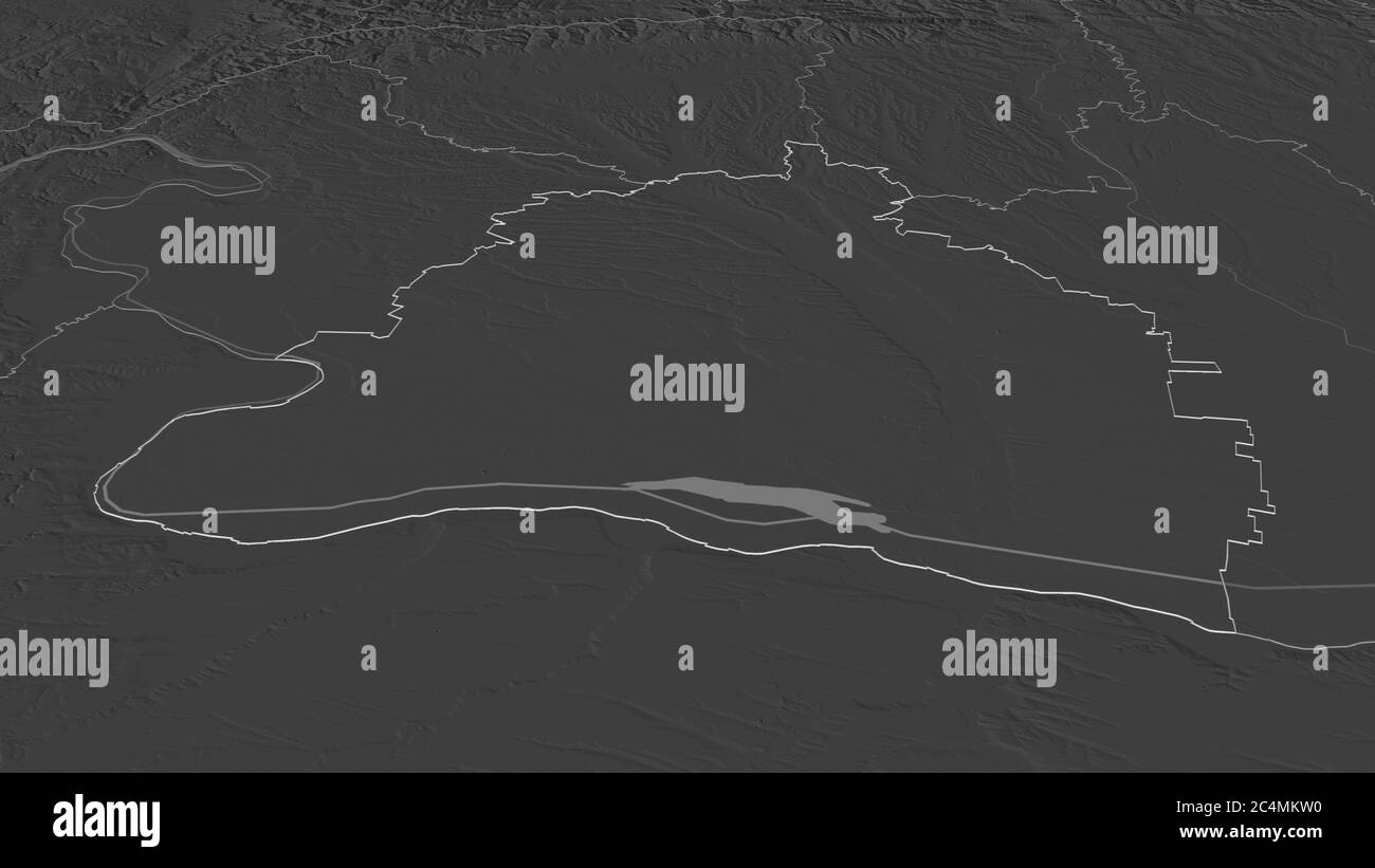 Zoom in on Dolj (county of Romania) outlined. Oblique perspective ...
