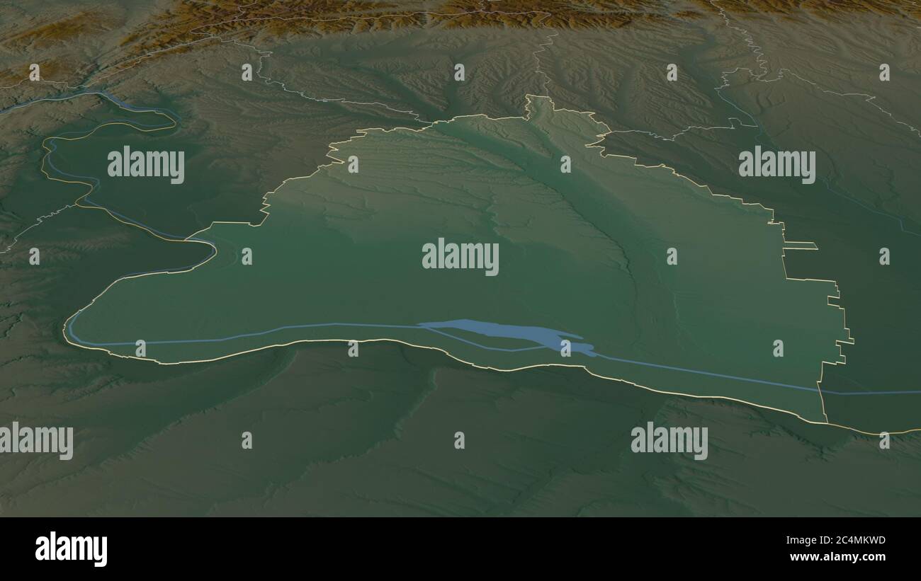 Zoom in on Dolj (county of Romania) outlined. Oblique perspective ...