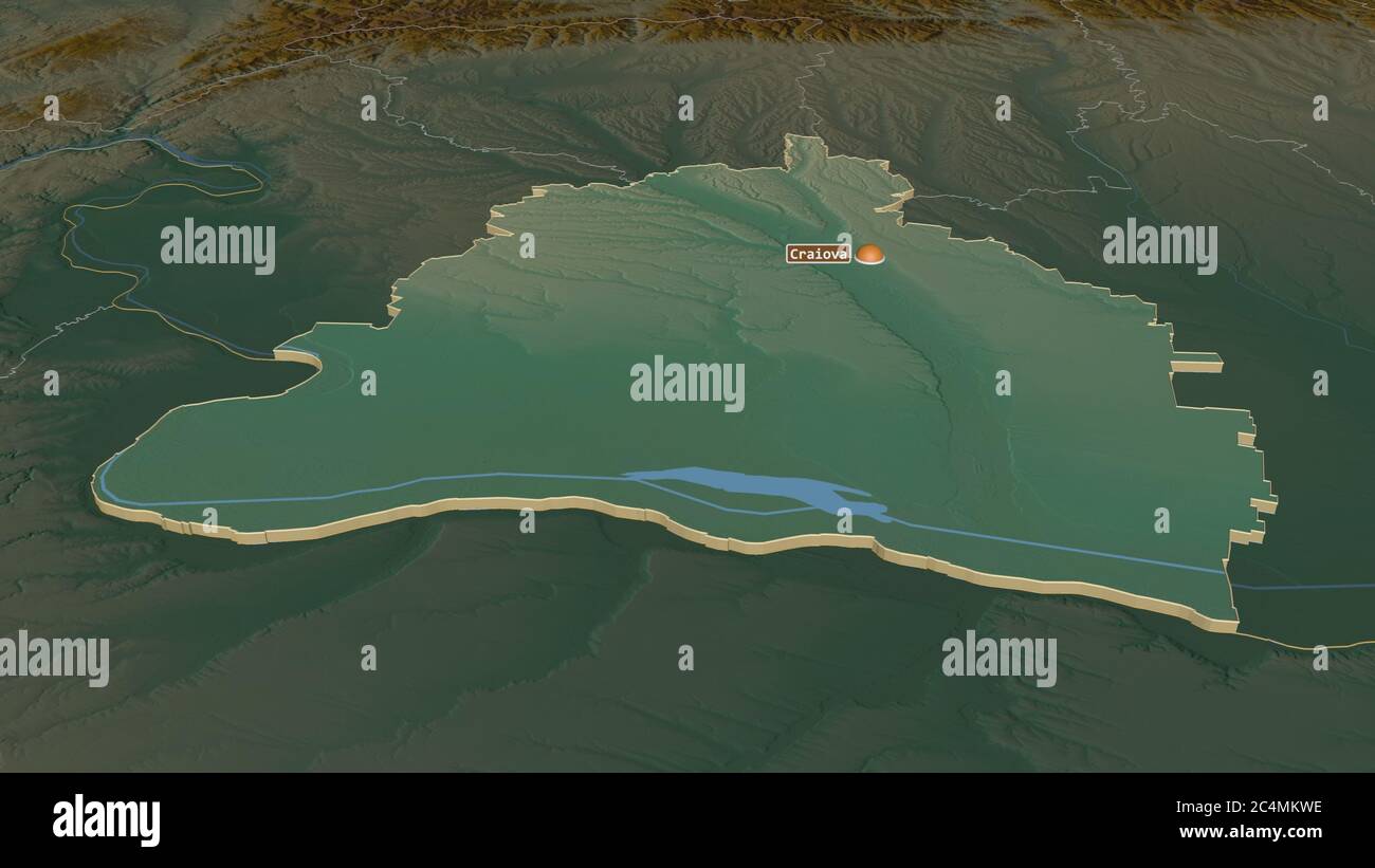 Zoom in on Dolj (county of Romania) extruded. Oblique perspective ...