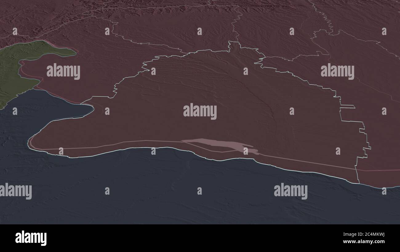 Zoom in on Dolj (county of Romania) outlined. Oblique perspective ...