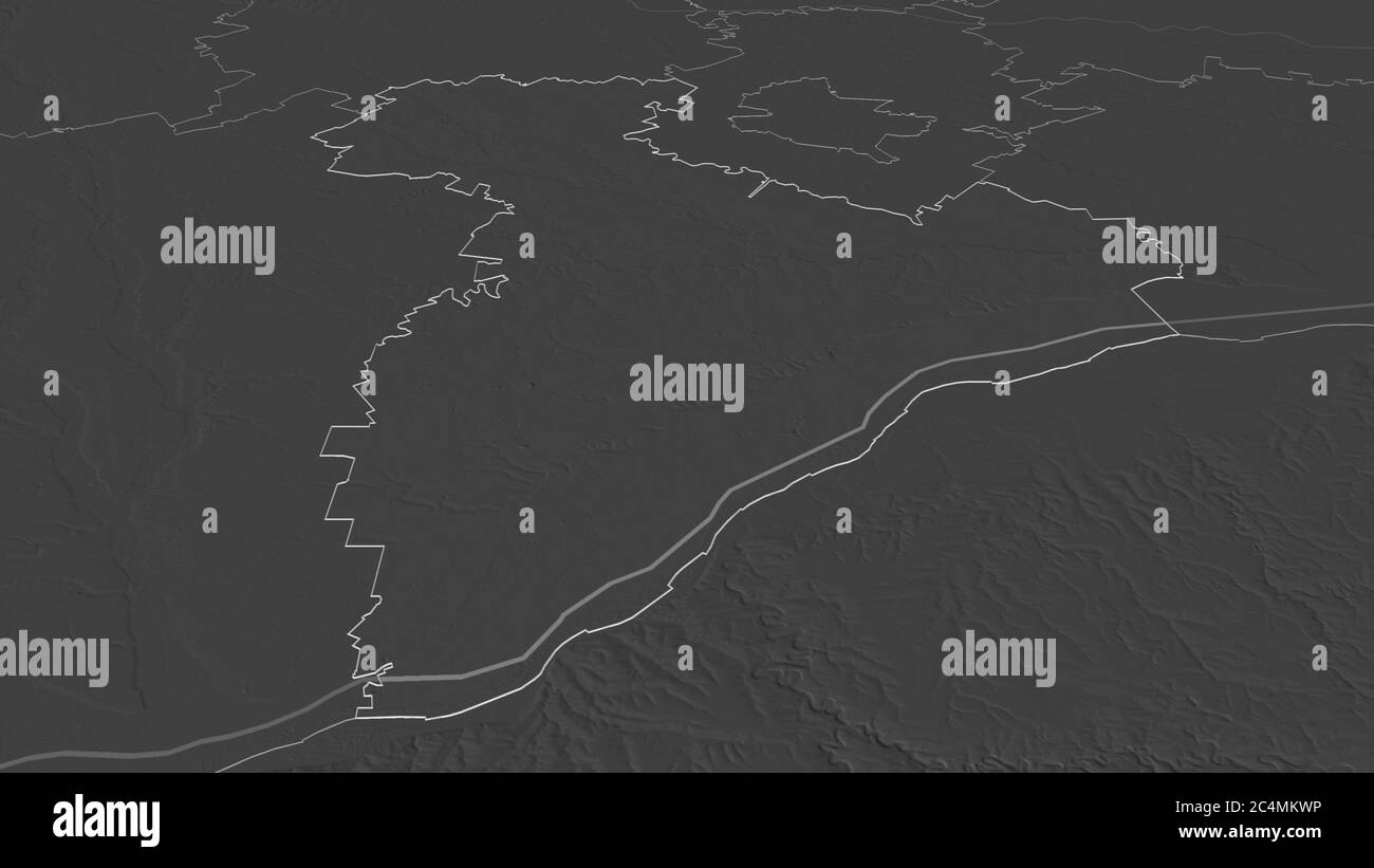 Zoom in on Giurgiu (county of Romania) outlined. Oblique perspective ...