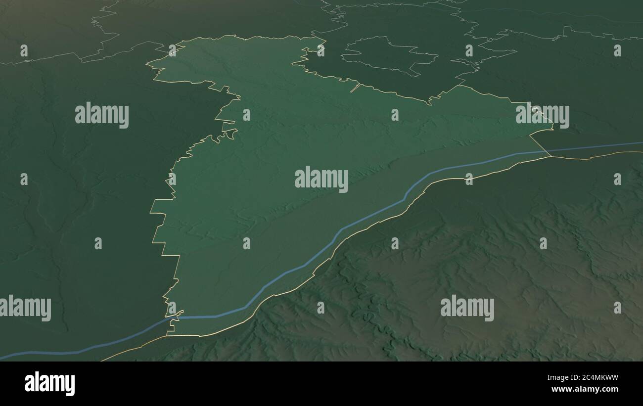 Zoom in on Giurgiu (county of Romania) outlined. Oblique perspective ...