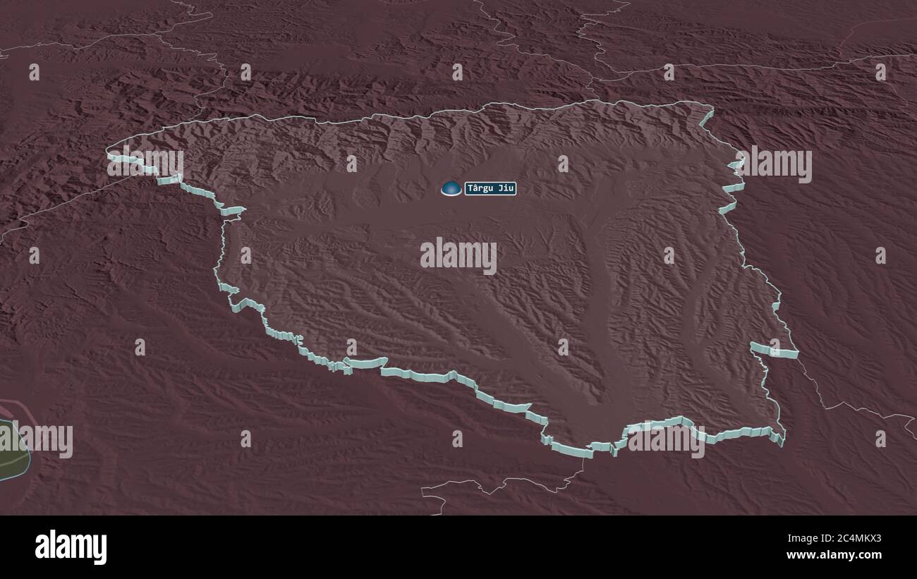 Zoom in on Gorj (county of Romania) extruded. Oblique perspective ...
