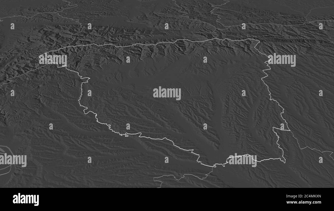 Zoom in on Gorj (county of Romania) outlined. Oblique perspective ...