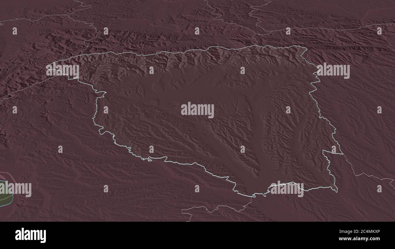 Zoom in on Gorj (county of Romania) outlined. Oblique perspective ...