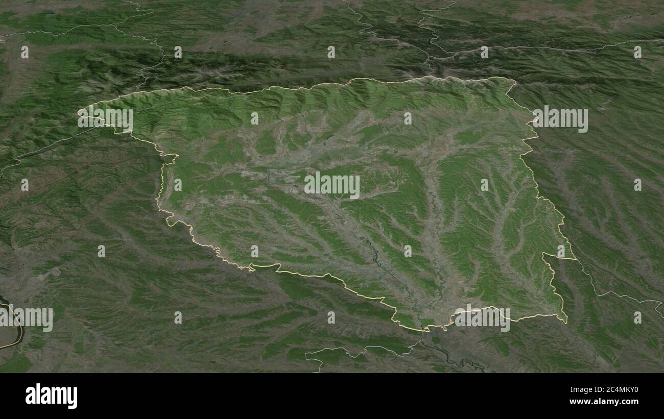 Zoom in on Gorj (county of Romania) outlined. Oblique perspective ...
