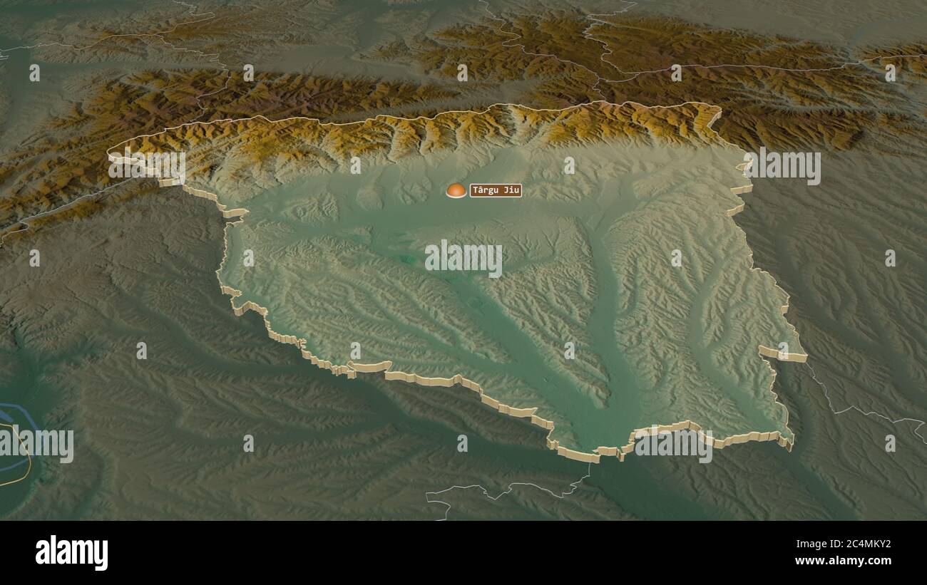 Zoom in on Gorj (county of Romania) extruded. Oblique perspective ...