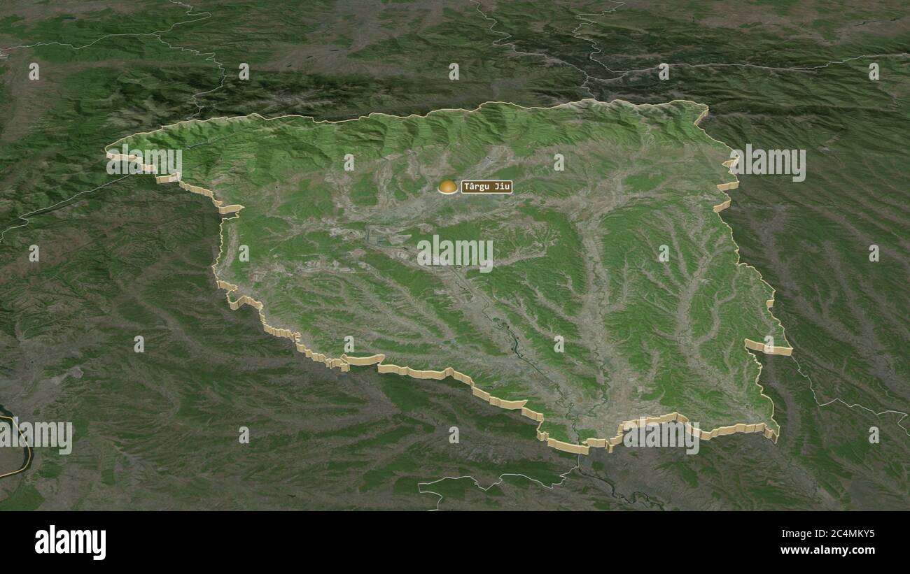Zoom in on Gorj (county of Romania) extruded. Oblique perspective ...