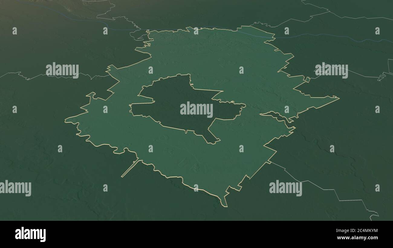 Zoom in on Ilfov (county of Romania) outlined. Oblique perspective ...