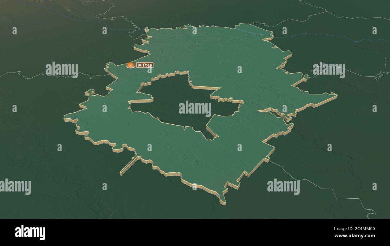 Zoom in on Ilfov (county of Romania) extruded. Oblique perspective ...