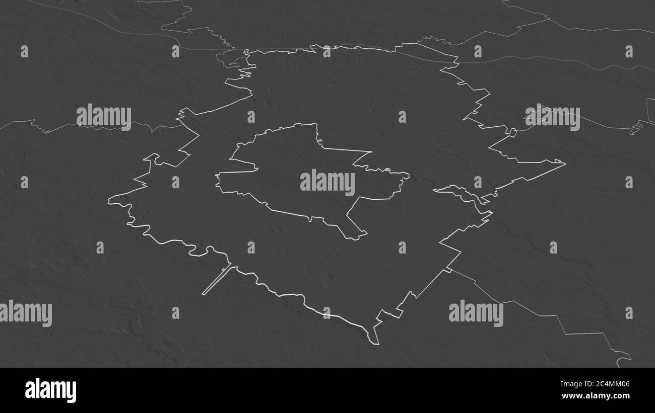Zoom in on Ilfov (county of Romania) outlined. Oblique perspective ...