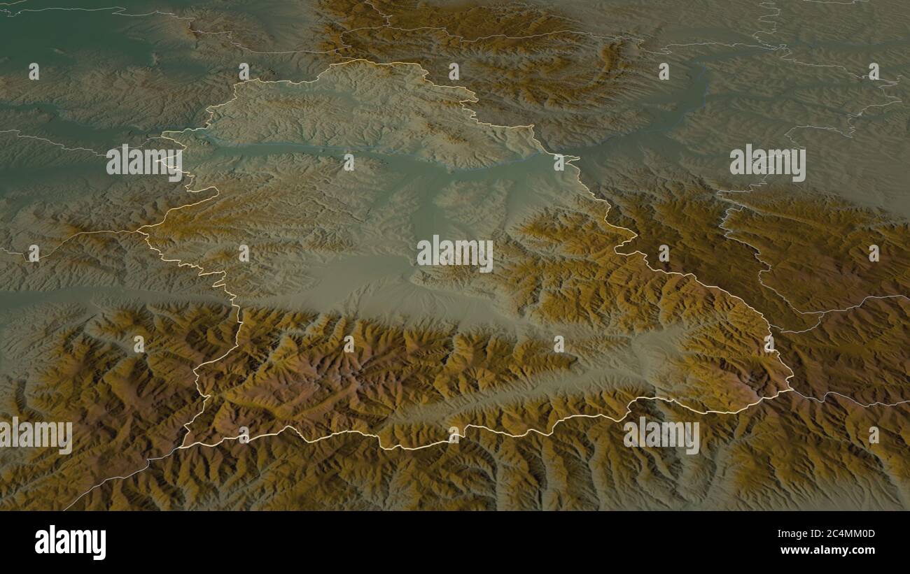Zoom in on Hunedoara (county of Romania) outlined. Oblique perspective ...