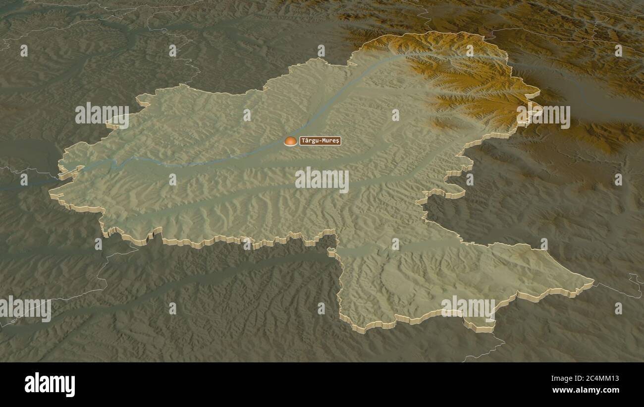 Zoom in on Mureș (county of Romania) extruded. Oblique perspective ...