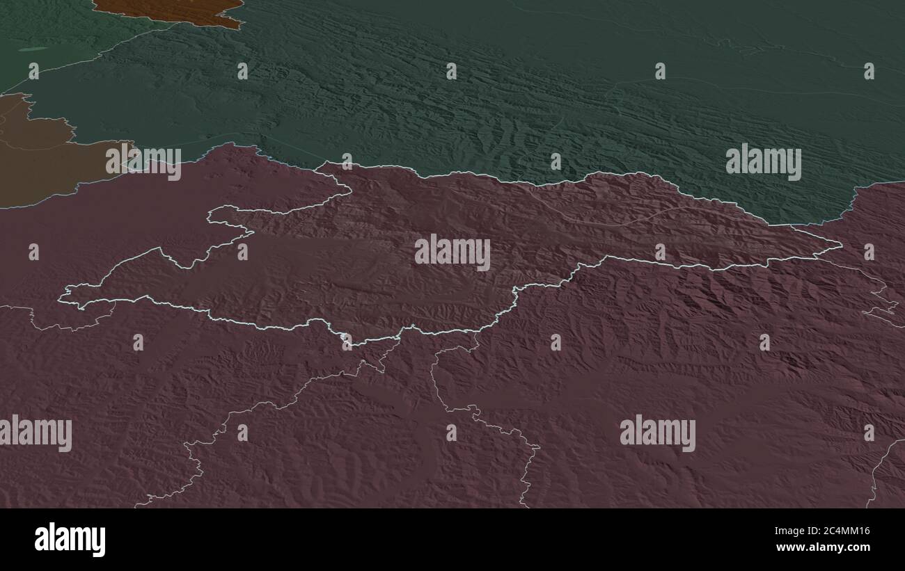 Zoom in on Maramureș (county of Romania) outlined. Oblique perspective ...