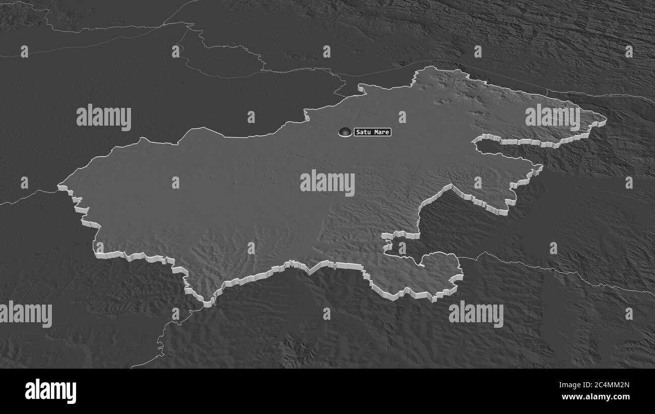 Zoom in on Satu Mare (county of Romania) extruded. Oblique perspective ...