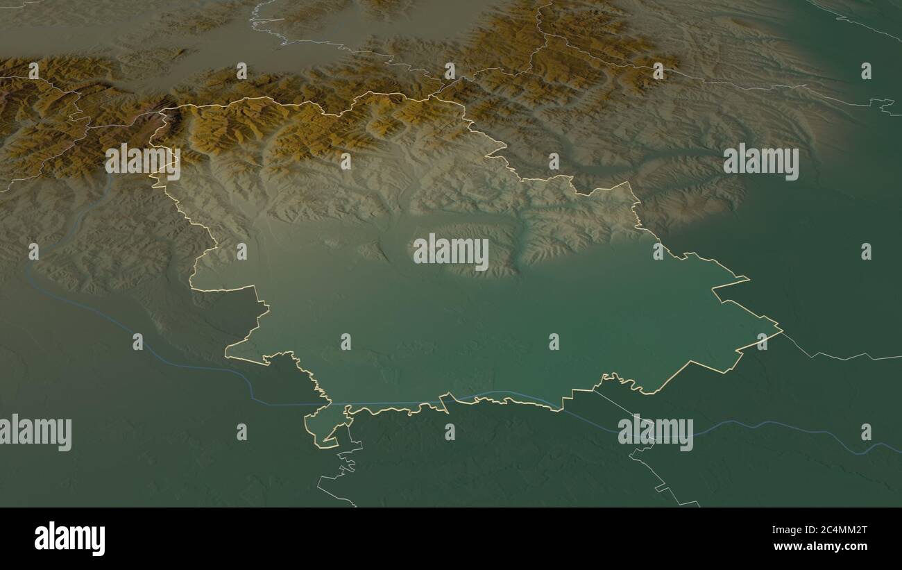 Zoom in on Prahova (county of Romania) outlined. Oblique perspective ...