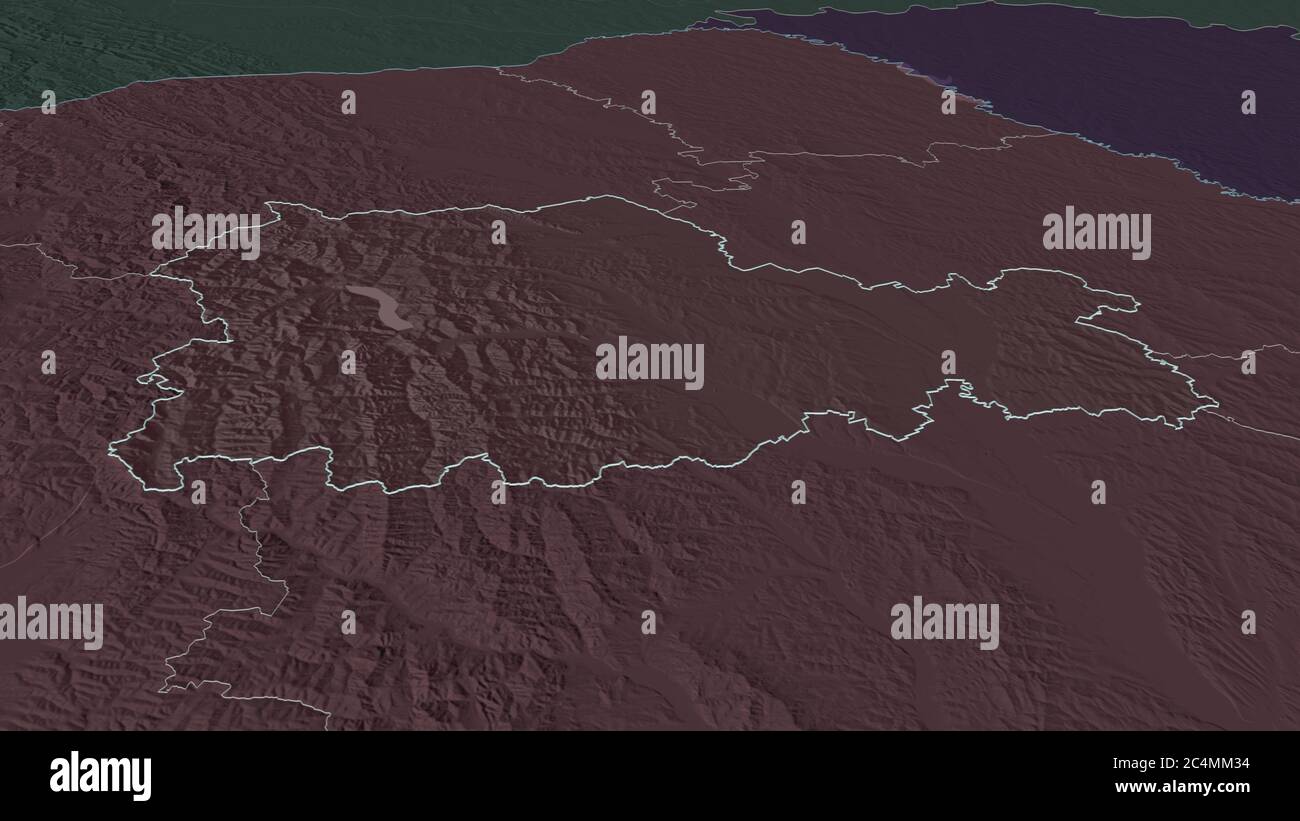 Zoom in on Neamț (county of Romania) outlined. Oblique perspective ...