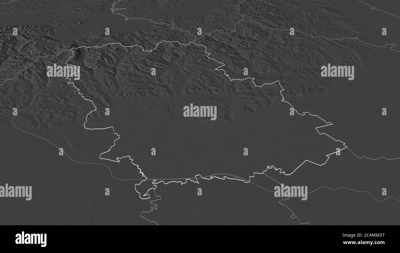Zoom in on Prahova (county of Romania) outlined. Oblique perspective ...