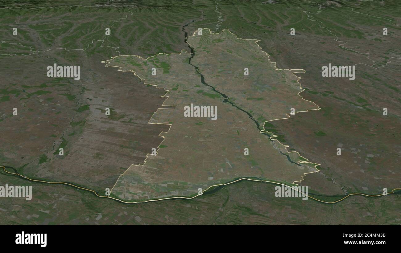 Zoom in on Olt (county of Romania) outlined. Oblique perspective ...