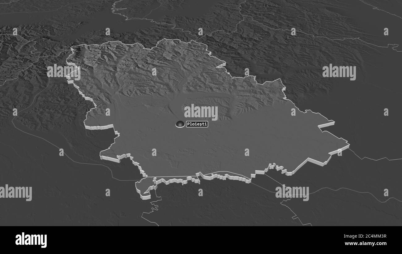 Zoom in on Prahova (county of Romania) extruded. Oblique perspective ...