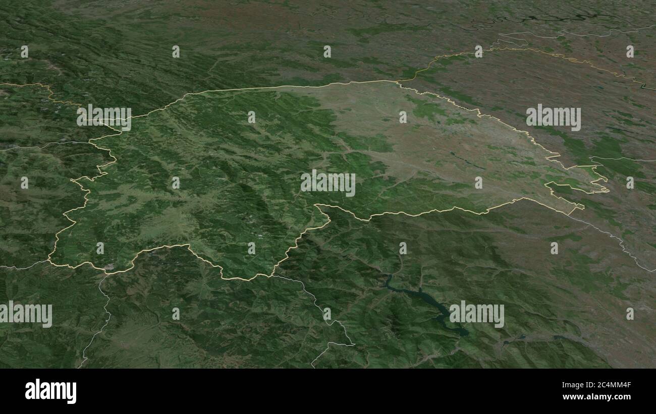 Zoom in on Suceava (county of Romania) outlined. Oblique perspective ...