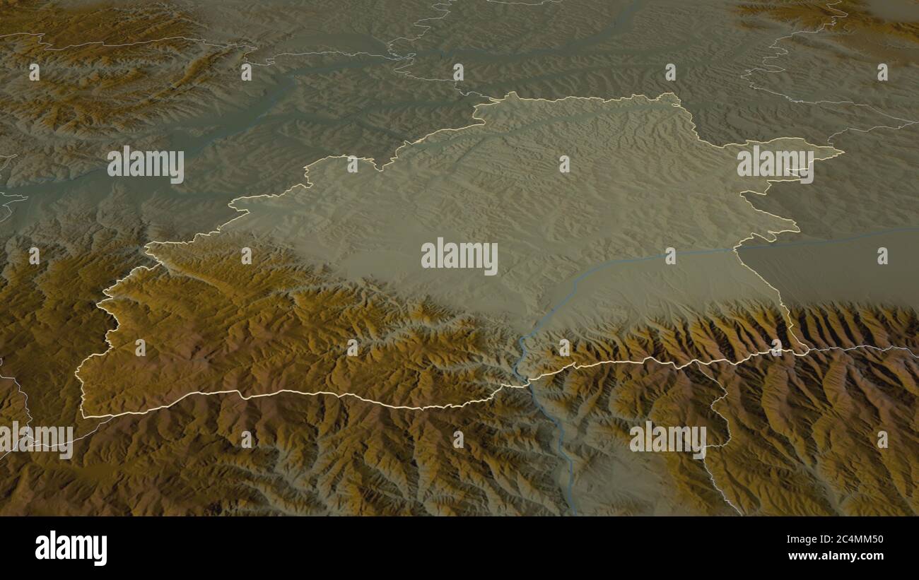 Zoom in on Sibiu (county of Romania) outlined. Oblique perspective ...