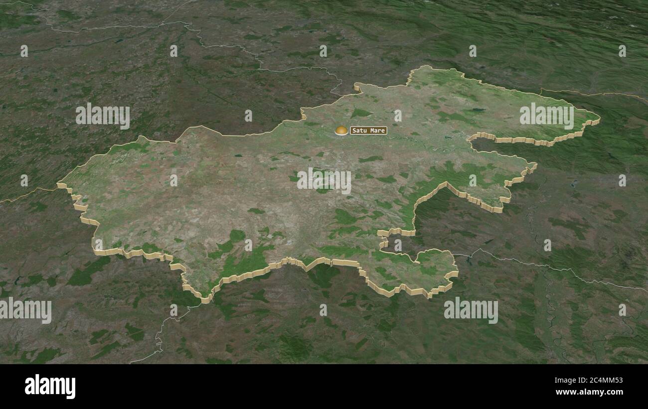 Zoom in on Satu Mare (county of Romania) extruded. Oblique perspective ...