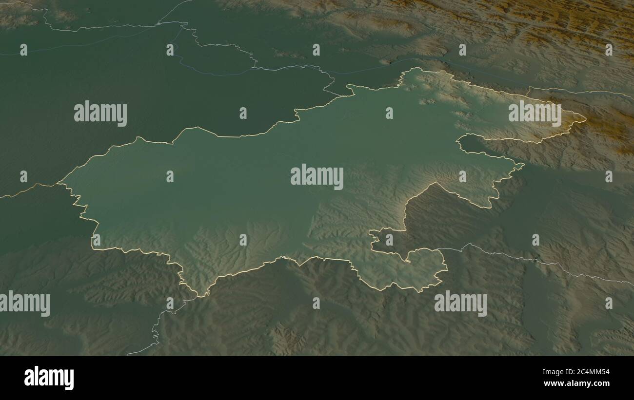 Zoom in on Satu Mare (county of Romania) outlined. Oblique perspective ...